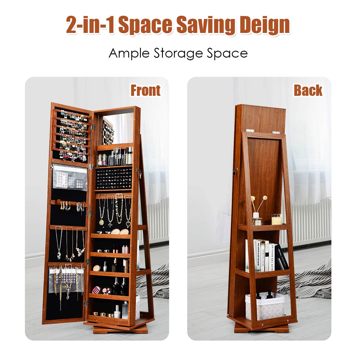 CHARMAID 360° Swivel Jewelry Armoire with Higher Full Length Mirror, Standing Lockable Jewelry Cabinet Organizer with Large Storage Capacity, Inside Makeup Mirror, Back Storage Shelves (Walnut)