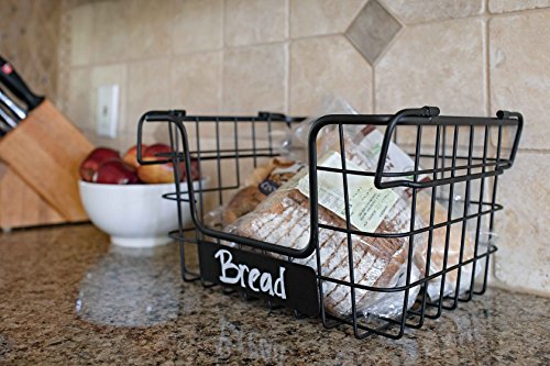 Stacking Wire Market Baskets with Chalk Label - Set of 2 - Fruit Vegetable Produce Metal Storage Bin for Kitchen Counter - Pantry Cabinet - Bathroom Shelves - Metallic Black
