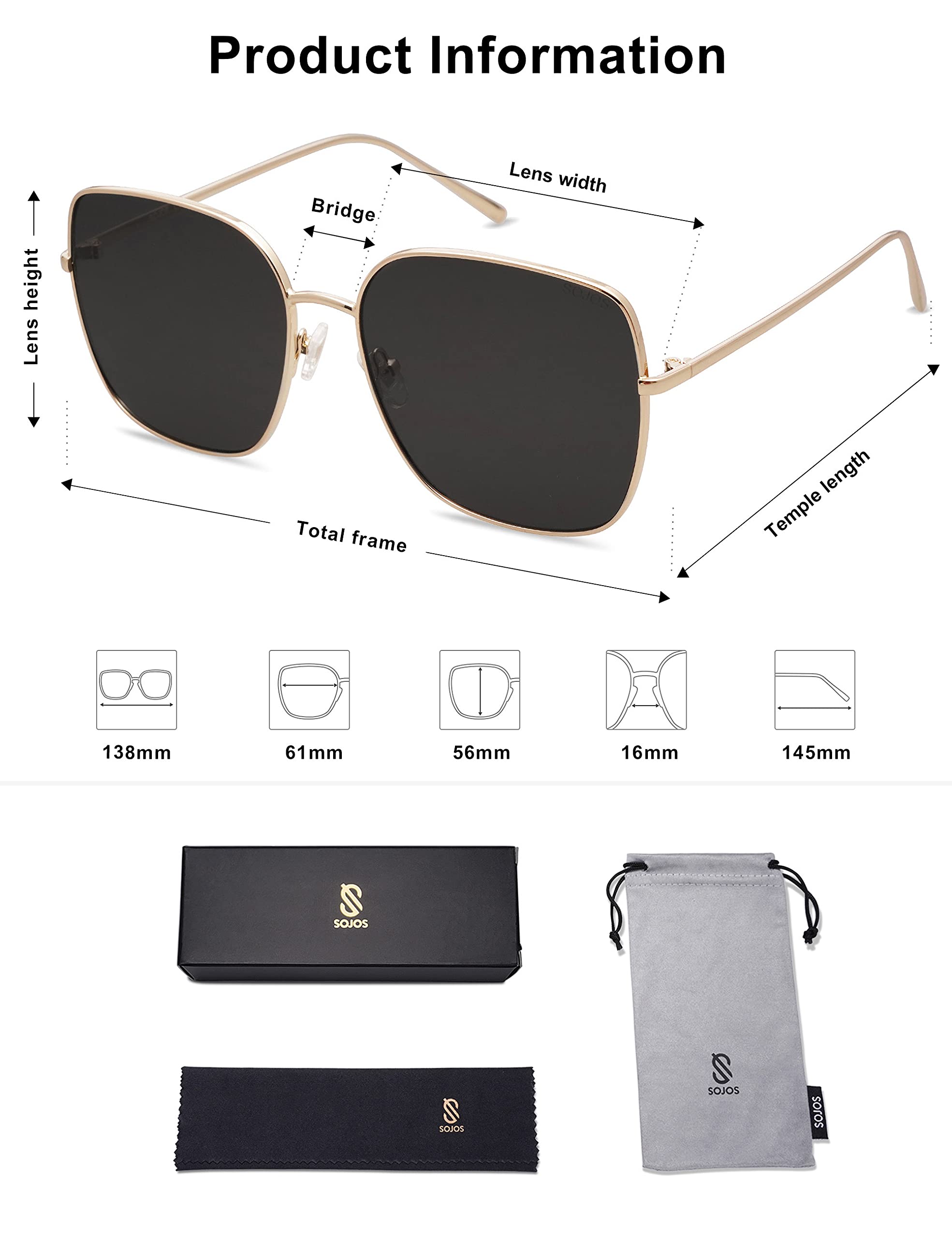 SOJOS Trendy Oversized Square Metal Frame Sunglasses for Women Men Retro Big Flat Lens UV Protection Sunglasses SJ1146, Gold Frame/Grey Lens