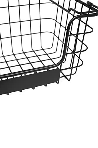 Stacking Wire Market Baskets with Chalk Label - Set of 2 - Fruit Vegetable Produce Metal Storage Bin for Kitchen Counter - Pantry Cabinet - Bathroom Shelves - Metallic Black