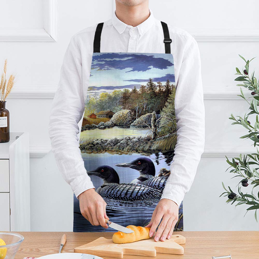 SSOIU Duck Cooking Apron, Art Desgin Loon Lake Wild Duck Couple Kitchen Apron For Baking/BBQ Men Women Unisex Waterproof 31X27 Inches