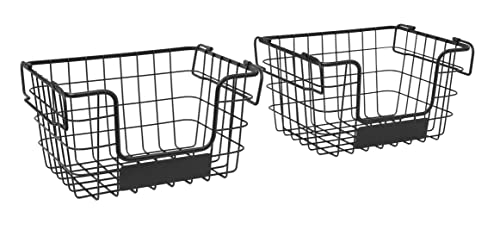 Stacking Wire Market Baskets with Chalk Label - Set of 2 - Fruit Vegetable Produce Metal Storage Bin for Kitchen Counter - Pantry Cabinet - Bathroom Shelves - Metallic Black