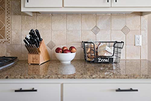 Stacking Wire Market Baskets with Chalk Label - Set of 2 - Fruit Vegetable Produce Metal Storage Bin for Kitchen Counter - Pantry Cabinet - Bathroom Shelves - Metallic Black