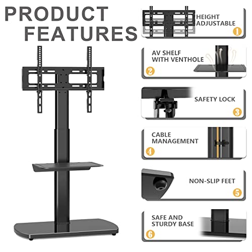 TVON Universal Floor TV Stand with Swivel Mount for 32-65 Inch TVs, TV Mount Stand for Bedroom and Corner with Height Adjustable Shelf and Tempered Glass Base, Black