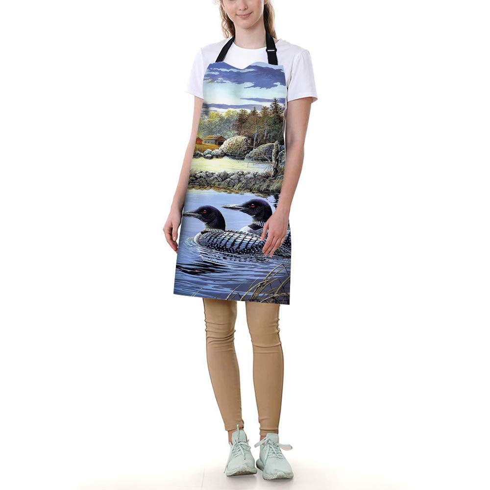 SSOIU Duck Cooking Apron, Art Desgin Loon Lake Wild Duck Couple Kitchen Apron For Baking/BBQ Men Women Unisex Waterproof 31X27 Inches