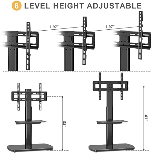TVON Universal Floor TV Stand with Swivel Mount for 32-65 Inch TVs, TV Mount Stand for Bedroom and Corner with Height Adjustable Shelf and Tempered Glass Base, Black