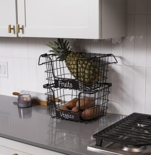 Stacking Wire Market Baskets with Chalk Label - Set of 2 - Fruit Vegetable Produce Metal Storage Bin for Kitchen Counter - Pantry Cabinet - Bathroom Shelves - Metallic Black