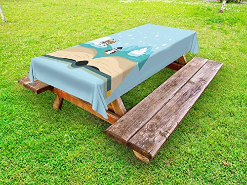 Ambesonne North Pole Outdoor Tablecloth, Iglo Eskimo Polar Bear Penguin on a Book Fiction Land, Decorative Washable Picnic Table Cloth, 58" X 84", Pale Blue and Multicolor