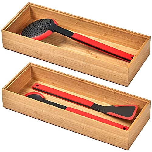 Bamboo Kitchen Drawer Organizer Boxes with Anti-Skid Silicone Feet, 2pcs Stackable Storage Bins for Kitchen Utensils & Silverware & Desk Drawer & Makeup, Tools Holder, 15âL x 6âW x 2.5âD Each