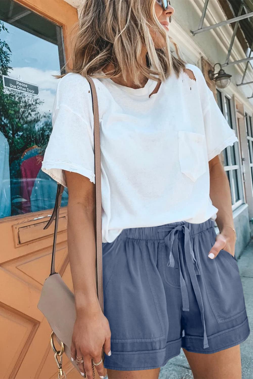 KISSMODA Women's Drawstring Casual Elastic Waist Pocketed Shorts Linen Tencel Short Pants XXL