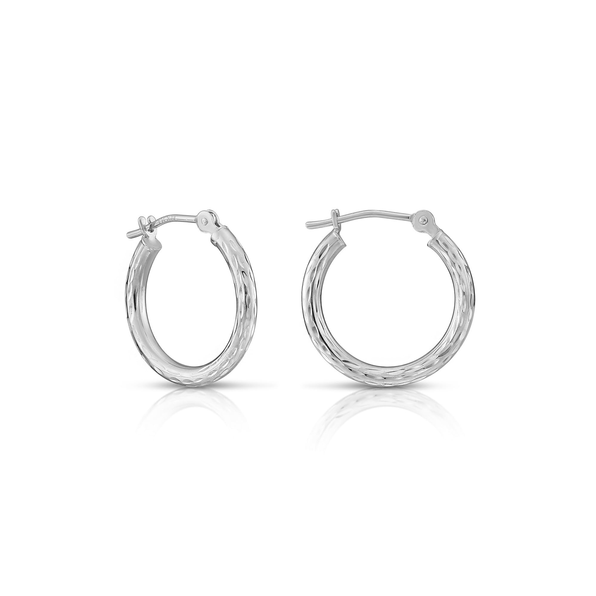 14k White Gold Hand Engraved Full Diamond-cut Round Hoop Earrings (18mm (0.7 inch))