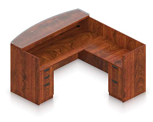 Offices To Go L Shaped Reception Desk with Glass Transaction Counter and 2 Sets of DrawersW/Drawers in (American Dark Cherry)