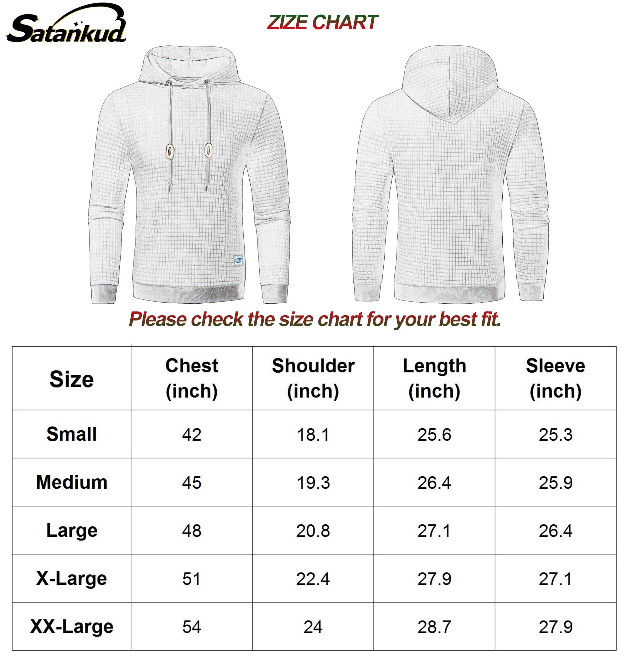 Satankud Mens Pullover Hoodie Long Sleeve Hooded Sweatshirt Casual Hoodies Square Pattern (Dark Grey, M)