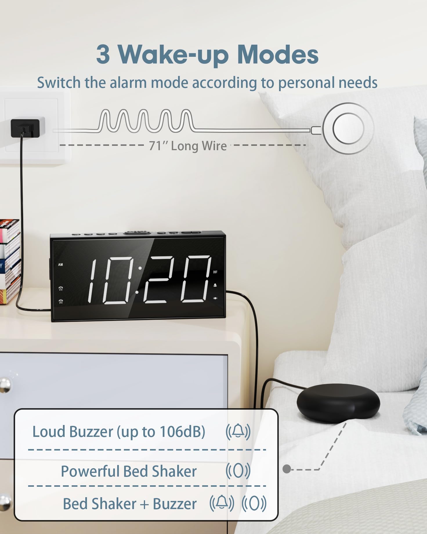 Loud Alarm Clock with Bed Shaker for Heavy Sleeper, Dual Vibrating Alarm Clock with USB Charger for Hearing-impaired Deaf, 7.5โโ Large LED Display with Dimmer, Snooze, 12/24H & Battery Backup