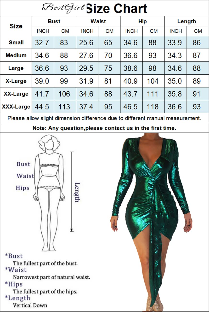BestGirl Women's Sexy Dress Deep V Neck Long Sleeve Ruched Sparkly Bodycon Club Mini Dresses (3X-Large, Green)