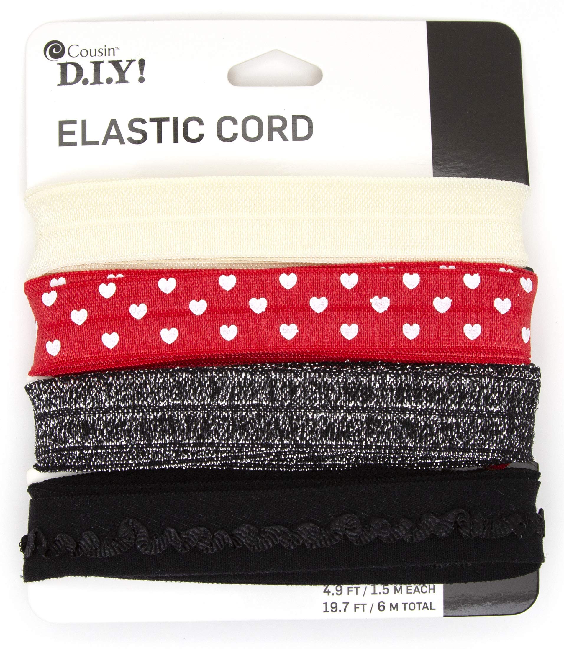 Cousin DIY 63500744 Fold Over Elastic Bands – Red and White Hearts, Black, Silver, 4pc