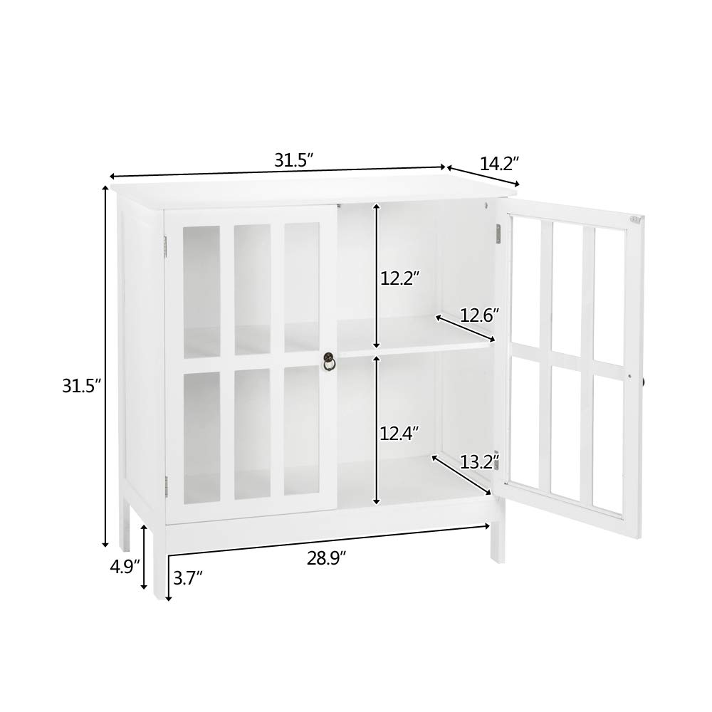 Storage Sideboard Buffet, Transparent Double Door Side Cabinet Wooden Storage Cupboard with Glass Door for Home Kitchen Hallway Dining Room, Console Table Server Display, White