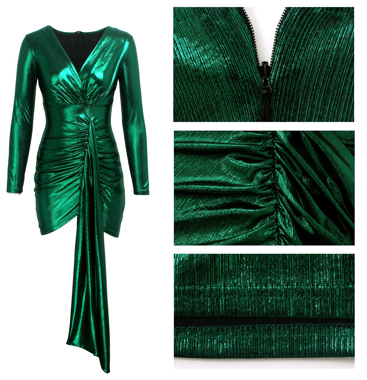 BestGirl Women's Sexy Dress Deep V Neck Long Sleeve Ruched Sparkly Bodycon Club Mini Dresses (3X-Large, Green)