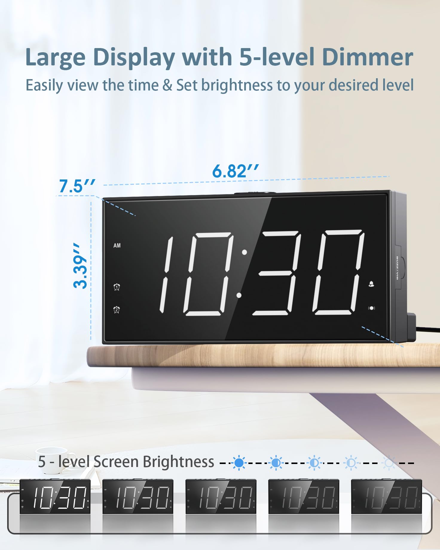 Loud Alarm Clock with Bed Shaker for Heavy Sleeper, Dual Vibrating Alarm Clock with USB Charger for Hearing-impaired Deaf, 7.5โโ Large LED Display with Dimmer, Snooze, 12/24H & Battery Backup