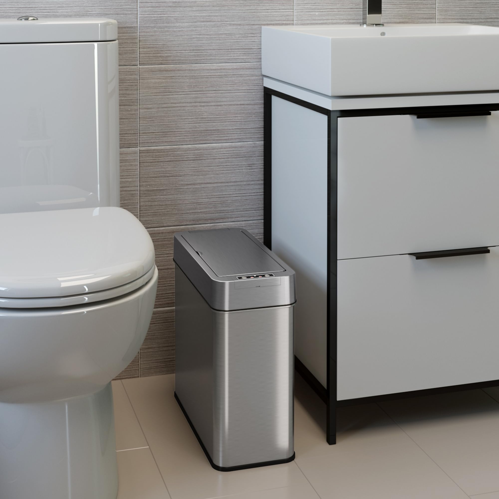 iTouchless 4 Gallon Bathroom Trash Can with Lid and Odor Filter, Lid Opens Right, 15 Liter Stainless Steel Slim Automatic Small Waste Basket Dustbin for Bedroom Home Office Living Room Garage