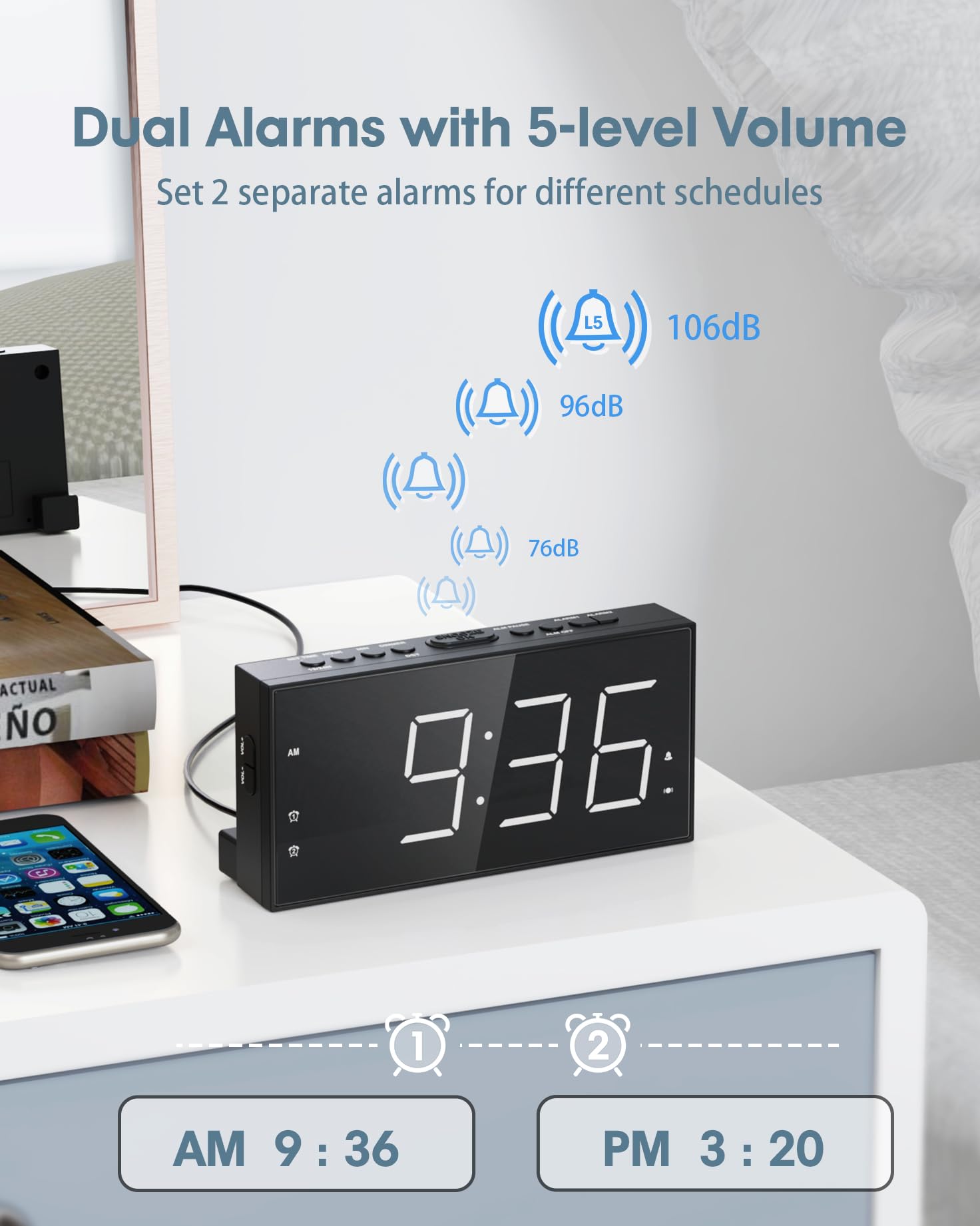 Loud Alarm Clock with Bed Shaker for Heavy Sleeper, Dual Vibrating Alarm Clock with USB Charger for Hearing-impaired Deaf, 7.5โโ Large LED Display with Dimmer, Snooze, 12/24H & Battery Backup
