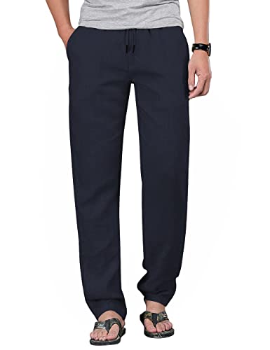 Poriff Mens Relaxed Fit Pants Elastic Waist Cotton Linen Drawstring Pants Navy Blue L