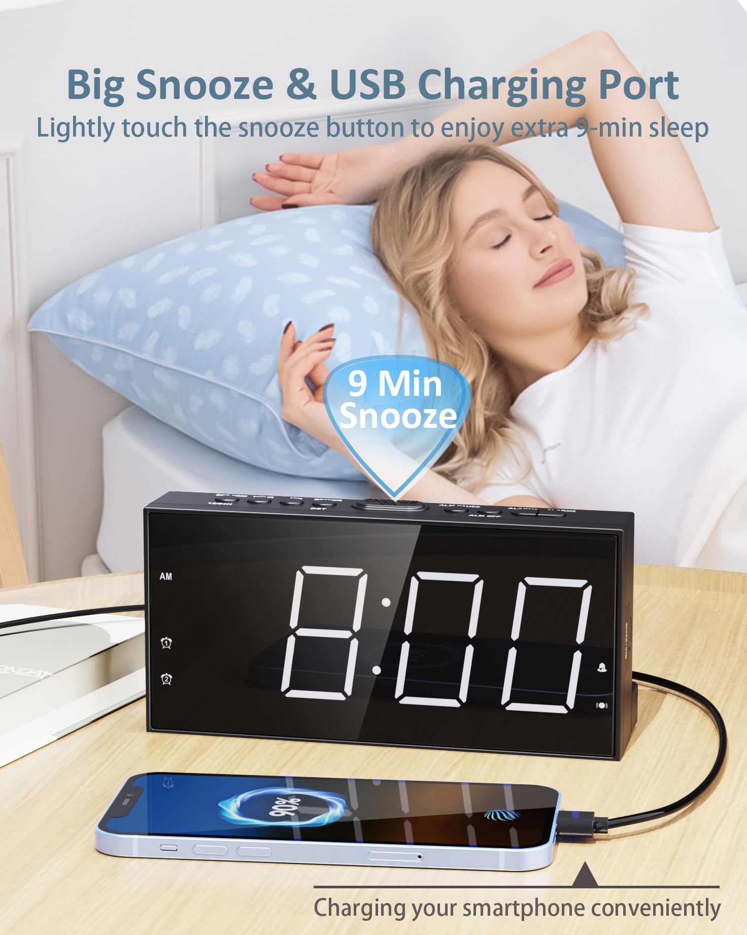 Loud Alarm Clock with Bed Shaker for Heavy Sleeper, Dual Vibrating Alarm Clock with USB Charger for Hearing-impaired Deaf, 7.5โโ Large LED Display with Dimmer, Snooze, 12/24H & Battery Backup