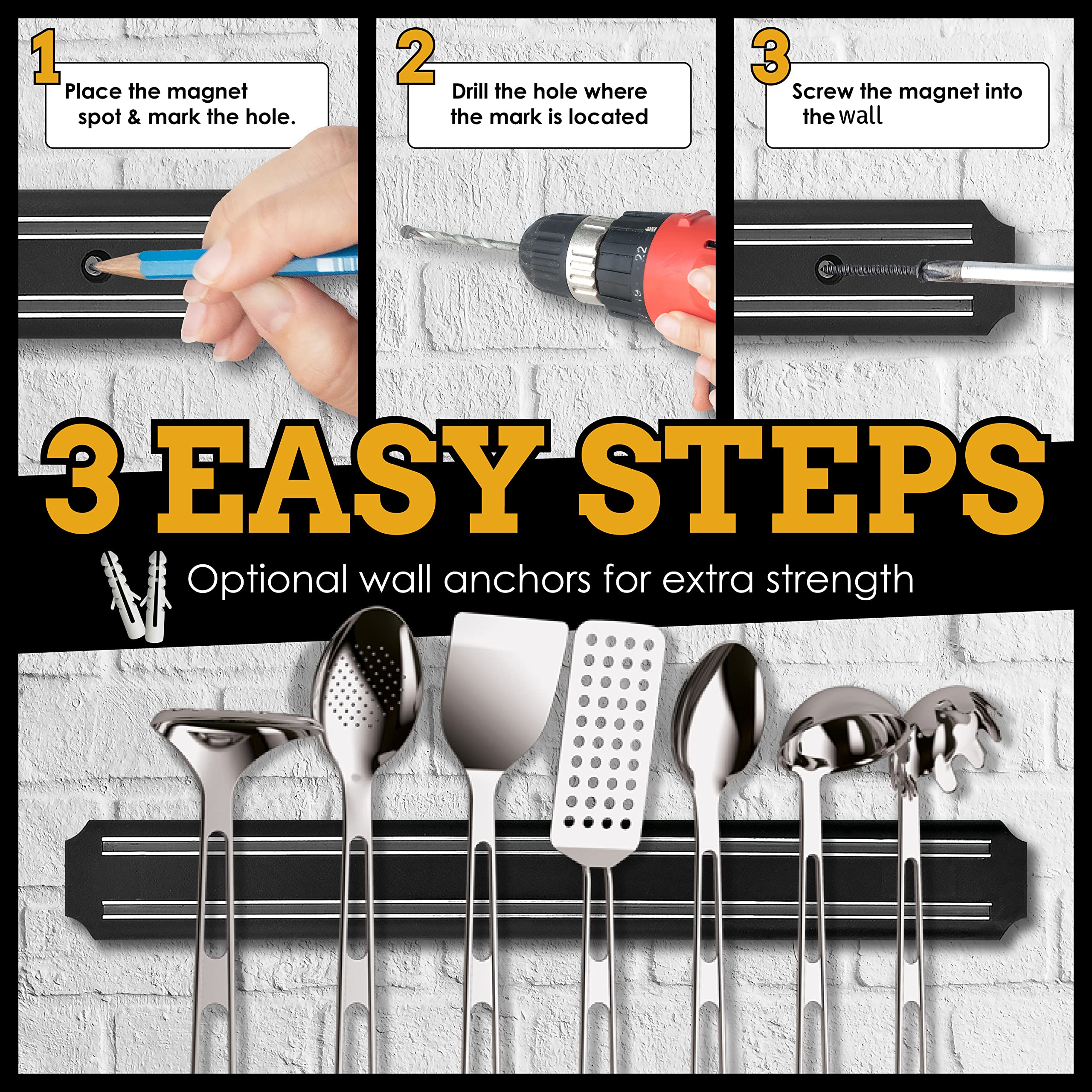 Magnetic Knife Holder (15 Inch X Set Of 6) Magnetic Knife Strip -Strong Powerful Knife Rack Storage Display Organizer-Securely Hang Your Knives On a Multipurpose Kitchen Bar-Safe, Easy Install -SUMPRI