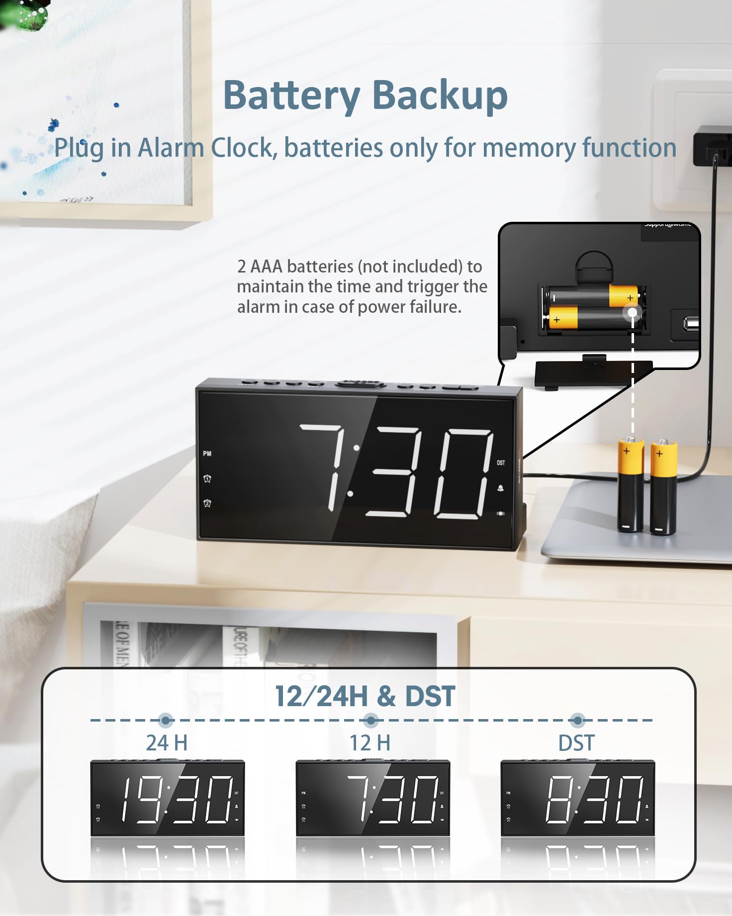 Loud Alarm Clock with Bed Shaker for Heavy Sleeper, Dual Vibrating Alarm Clock with USB Charger for Hearing-impaired Deaf, 7.5โโ Large LED Display with Dimmer, Snooze, 12/24H & Battery Backup