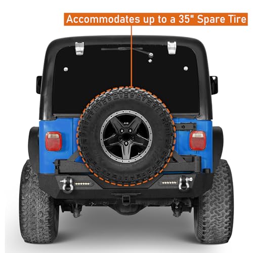Hooke Road Wrangler TJ Rear Bumper with Tire Carrier + Front Bumpers Combo Compatible with Jeep Wrangler TJ 1997-2006