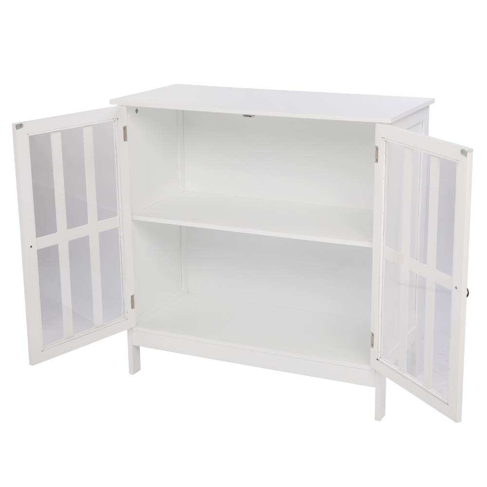 Storage Sideboard Buffet, Transparent Double Door Side Cabinet Wooden Storage Cupboard with Glass Door for Home Kitchen Hallway Dining Room, Console Table Server Display, White