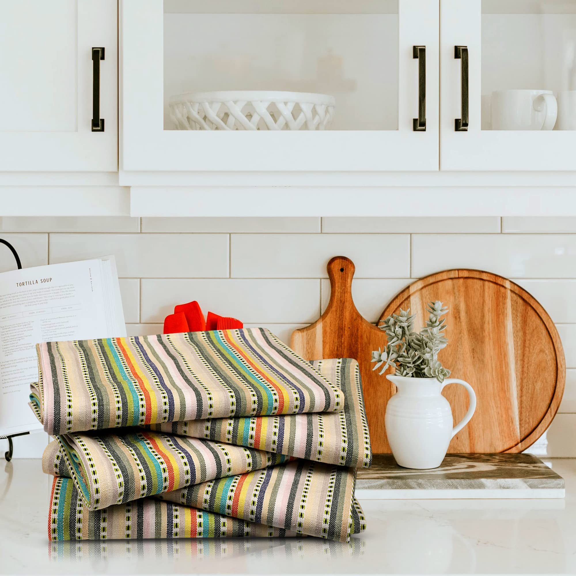 Urban Villa Easter Kitchen Towels,Beige Multi Dobby Stripes,Premium Quality,100% Cotton Dish Towels, Mitered Corners,Ultra Soft (Size: 20x30 Inches), Highly Absorbent Bar & Tea Towels (Set of 6)