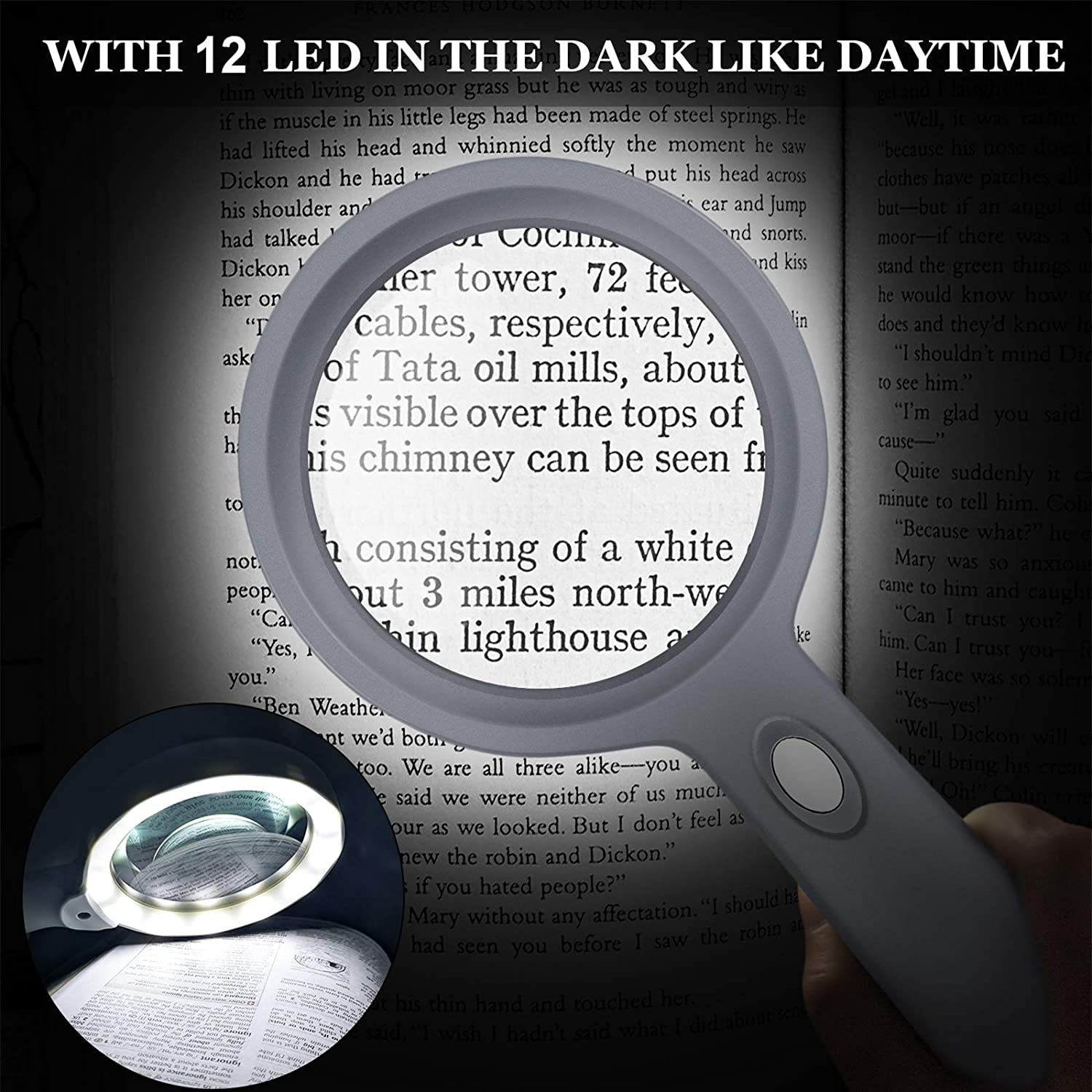 HYOIIO 10X Handheld Magnifying Glass-Lighted Reading Magnifier with 12 LED Lights Large and Real Magnifying Lens for Macular Degeneration, Seniors Reading, Soldering, Inspection, Coins