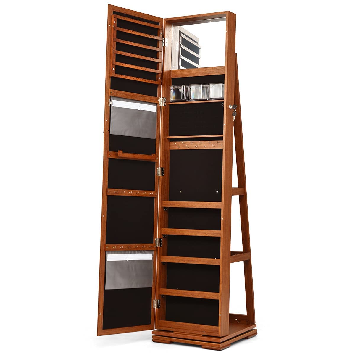 CHARMAID 360° Swivel Jewelry Armoire with Higher Full Length Mirror, Standing Lockable Jewelry Cabinet Organizer with Large Storage Capacity, Inside Makeup Mirror, Back Storage Shelves (Walnut)