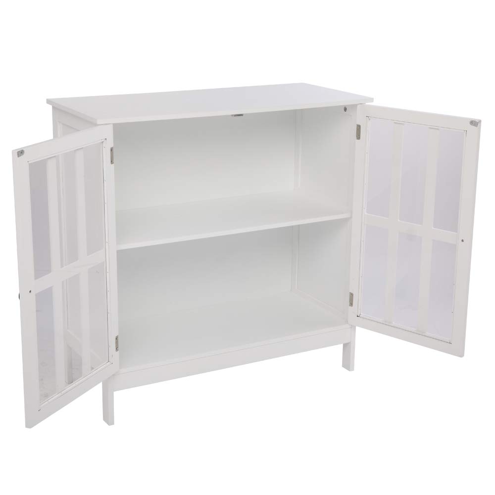 Storage Sideboard Buffet, Transparent Double Door Side Cabinet Wooden Storage Cupboard with Glass Door for Home Kitchen Hallway Dining Room, Console Table Server Display, White