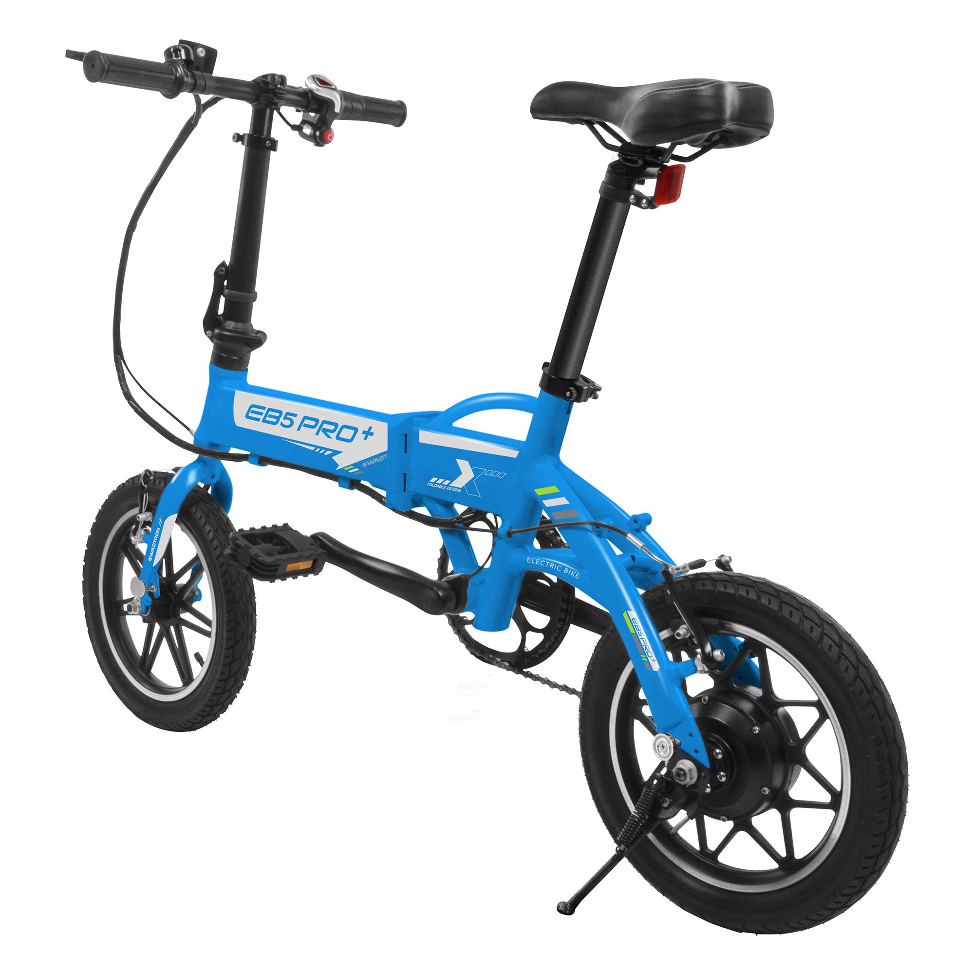Swagtron Swagcycle EB-5 PLUS Folding Electric Bike with Pedals and Removable Battery, Blue, 14" Wheels