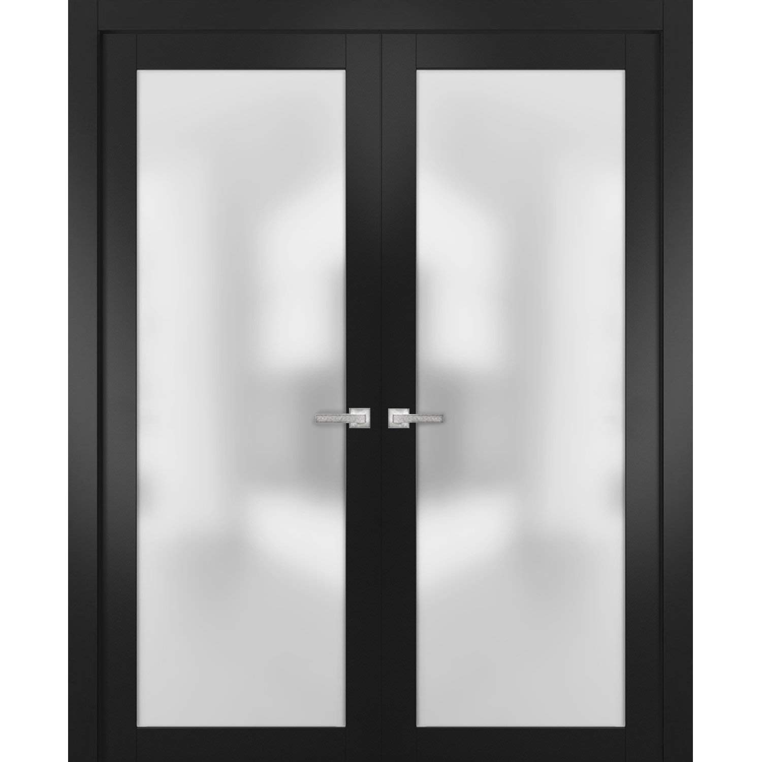 SARTODOORS Solid French Double Doors 36x96 inches Frosted Glass | Planum 2102 Matte Black | Wood Solid Panel Frame Trims | Closet Bedroom Sturdy Doors