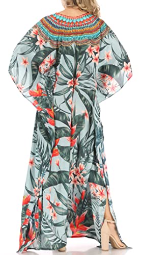 Sakkas AH62 - Milanna Women's V Neck Short Sleeve Vibrant Print Caftan Dress Cover-up - Print-1 - OS