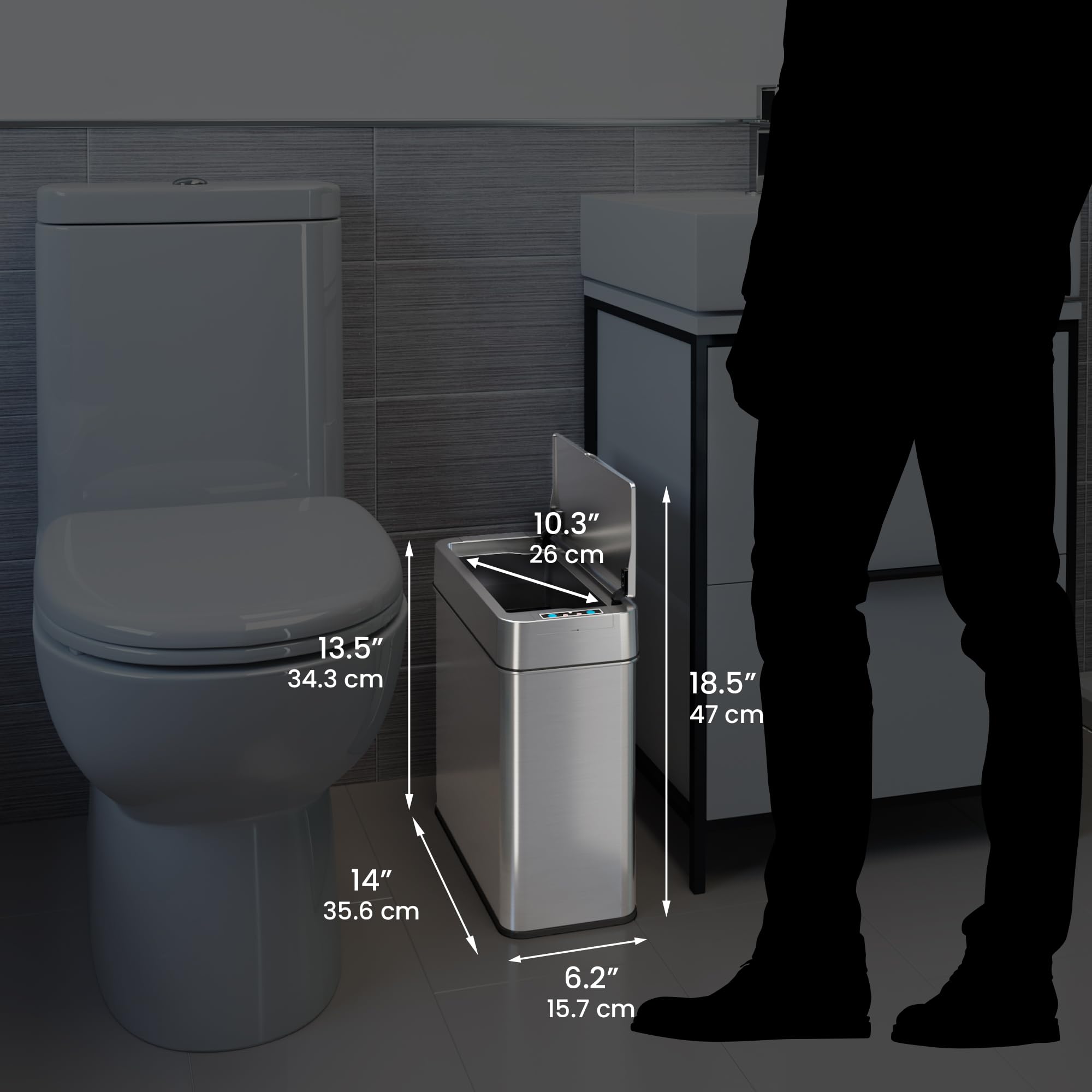 iTouchless 4 Gallon Bathroom Trash Can with Lid and Odor Filter, Lid Opens Right, 15 Liter Stainless Steel Slim Automatic Small Waste Basket Dustbin for Bedroom Home Office Living Room Garage