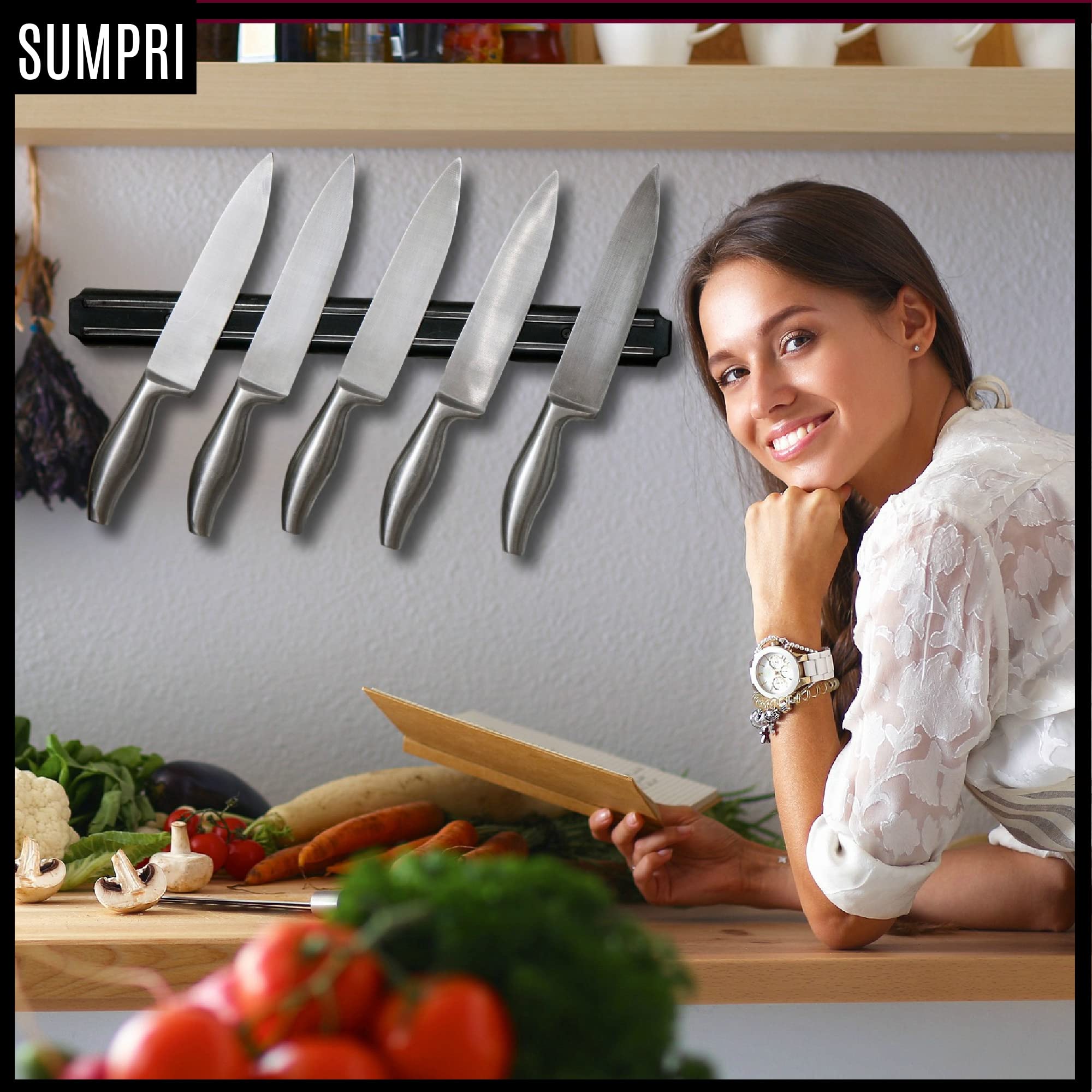 Magnetic Knife Holder (15 Inch X Set Of 6) Magnetic Knife Strip -Strong Powerful Knife Rack Storage Display Organizer-Securely Hang Your Knives On a Multipurpose Kitchen Bar-Safe, Easy Install -SUMPRI