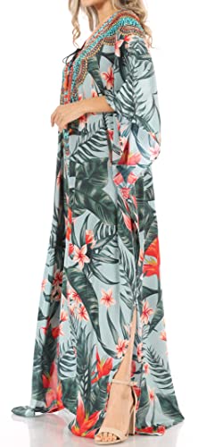 Sakkas AH62 - Milanna Women's V Neck Short Sleeve Vibrant Print Caftan Dress Cover-up - Print-1 - OS