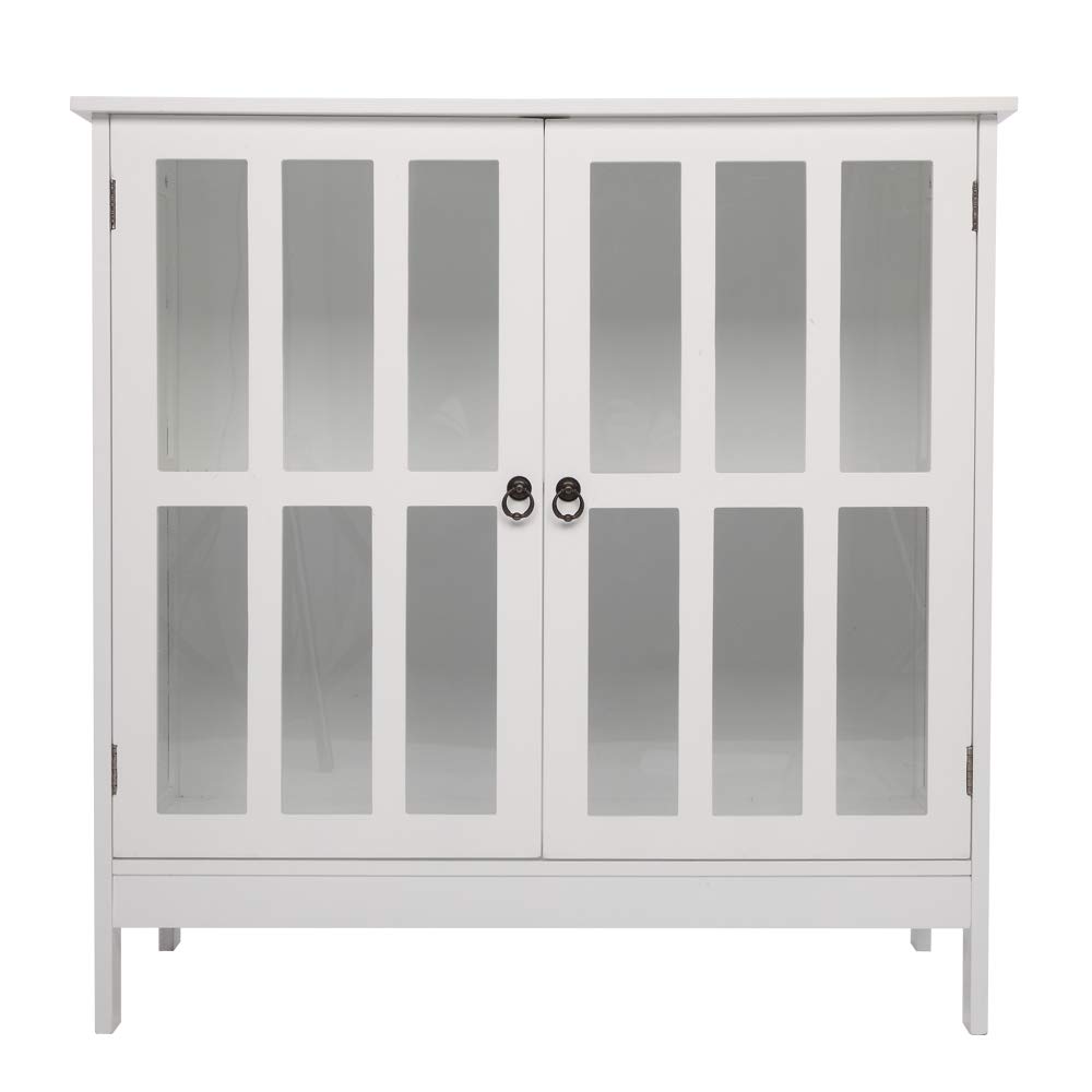Storage Sideboard Buffet, Transparent Double Door Side Cabinet Wooden Storage Cupboard with Glass Door for Home Kitchen Hallway Dining Room, Console Table Server Display, White