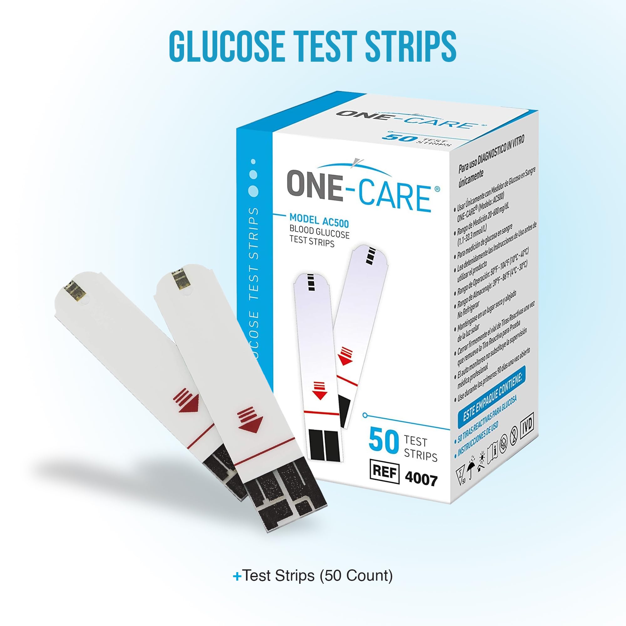 MediVena ONE-CARE Glucose Test Strips for use with ONE-CARE Meter, Blood Sugar, Diabetes, Glucose Monitoring, Glucometer Testing, Easy at Home Care Products, Fast & Acurate Results (50 Count/Box)