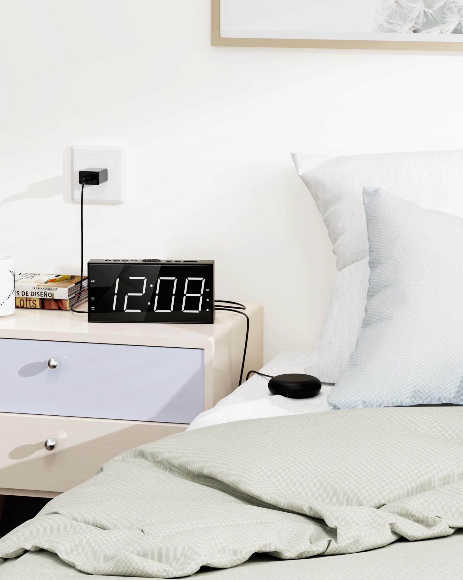 Loud Alarm Clock with Bed Shaker for Heavy Sleeper, Dual Vibrating Alarm Clock with USB Charger for Hearing-impaired Deaf, 7.5โโ Large LED Display with Dimmer, Snooze, 12/24H & Battery Backup