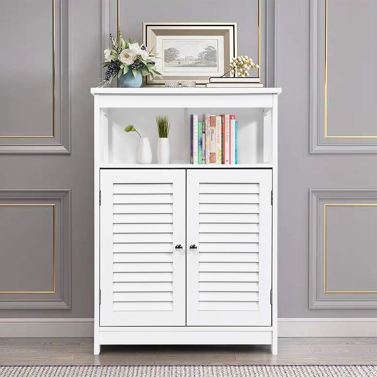 Tangkula Bathroom Floor Cabinet, Wooden Freestanding Storage Cabinet with Double Shutter Door & Adjustable Shelf, Storage Cabinet for Bathroom Living Room (White)