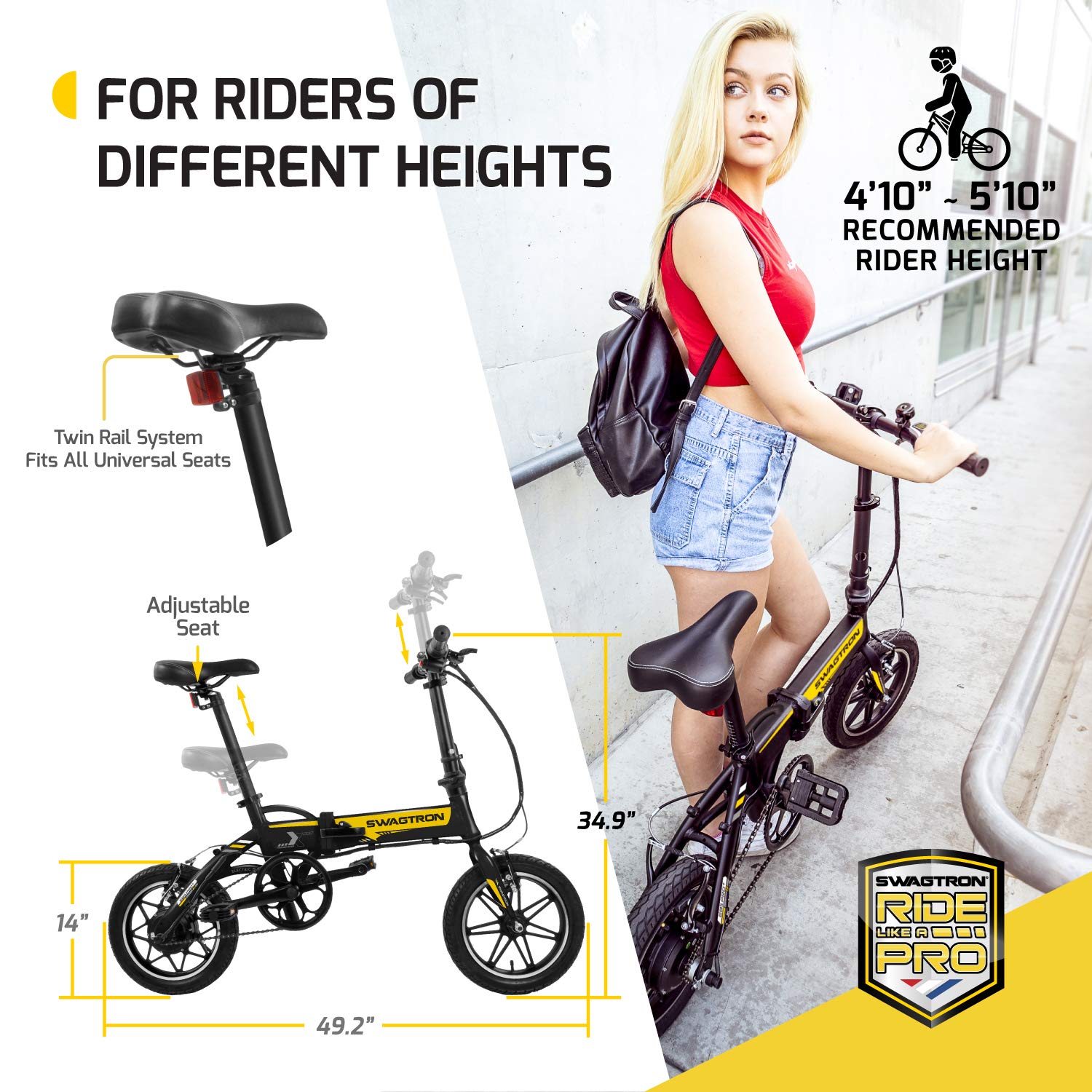Swagtron Swagcycle EB-5 PLUS Folding Electric Bike with Pedals and Removable Battery, Blue, 14" Wheels