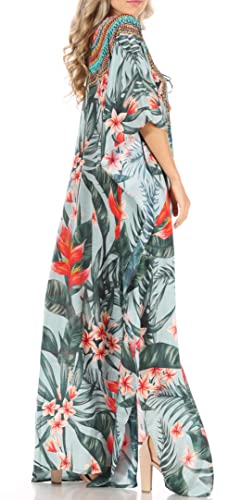 Sakkas AH62 - Milanna Women's V Neck Short Sleeve Vibrant Print Caftan Dress Cover-up - Print-1 - OS