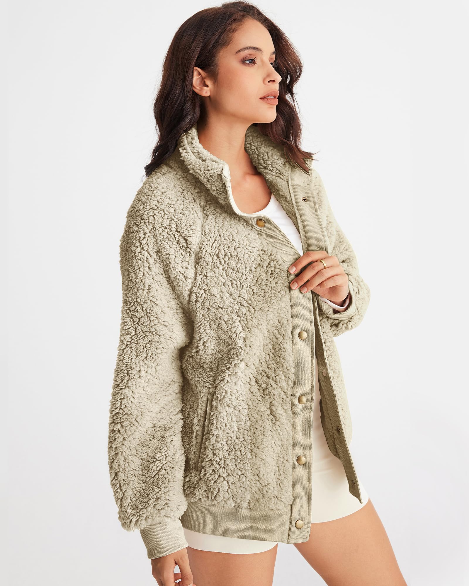 MEROKEETY Women's 2024 Winter Long Sleeve Button Sherpa Jacket Coat Casual Warm Fleece