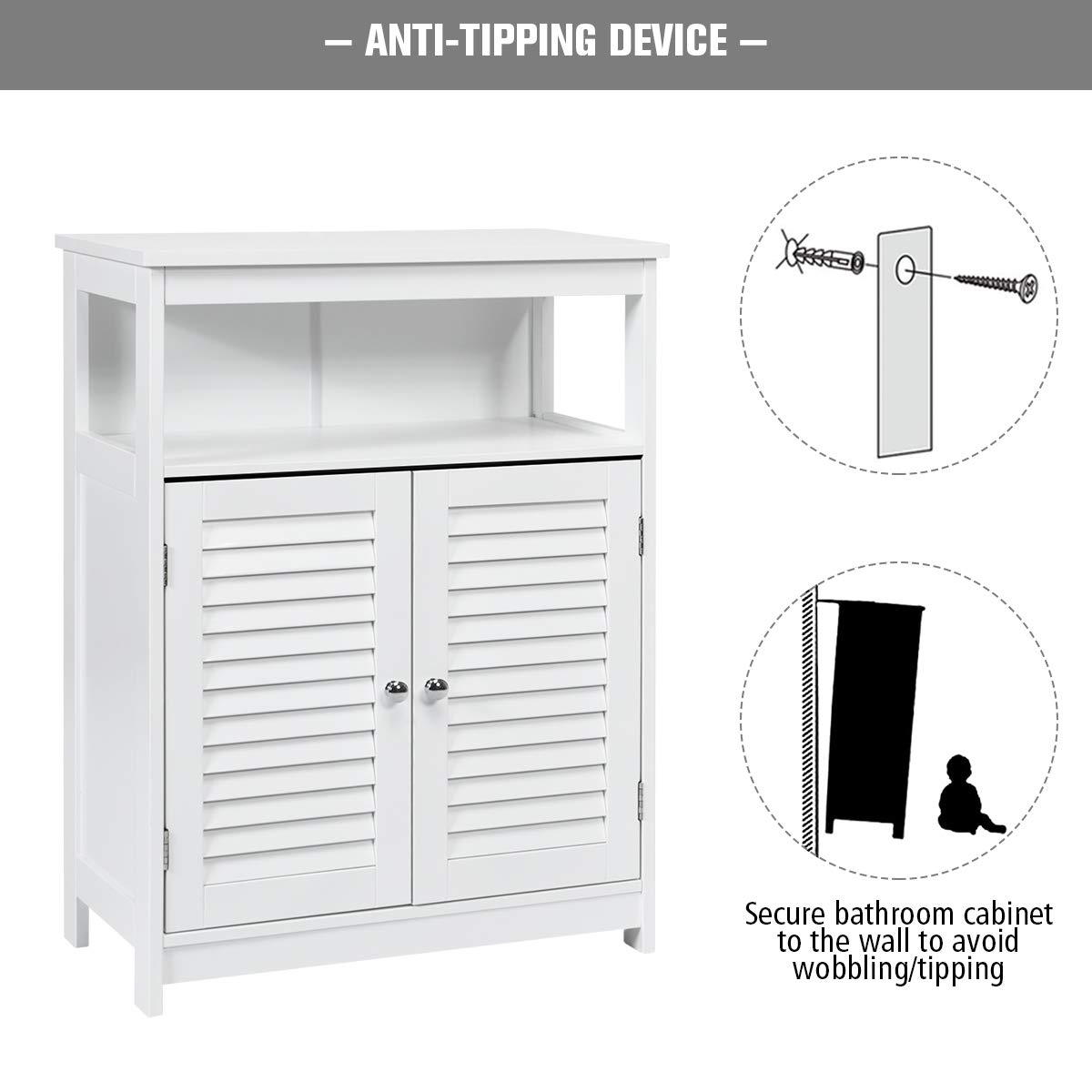 Tangkula Bathroom Floor Cabinet, Wooden Freestanding Storage Cabinet with Double Shutter Door & Adjustable Shelf, Storage Cabinet for Bathroom Living Room (White)