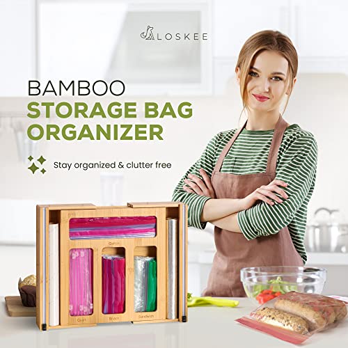 LOSKEE Ziplock Bag Organizer and Plastic Wrap Dispenser with Cutter, 6 IN 1 Expandable Bamboo Foil and Plastic Wrap Organizer for Kitchen Drawer, Ziplock Bag Storage Organizer for Gallon, Quart, Sandwich, and Snack Bags